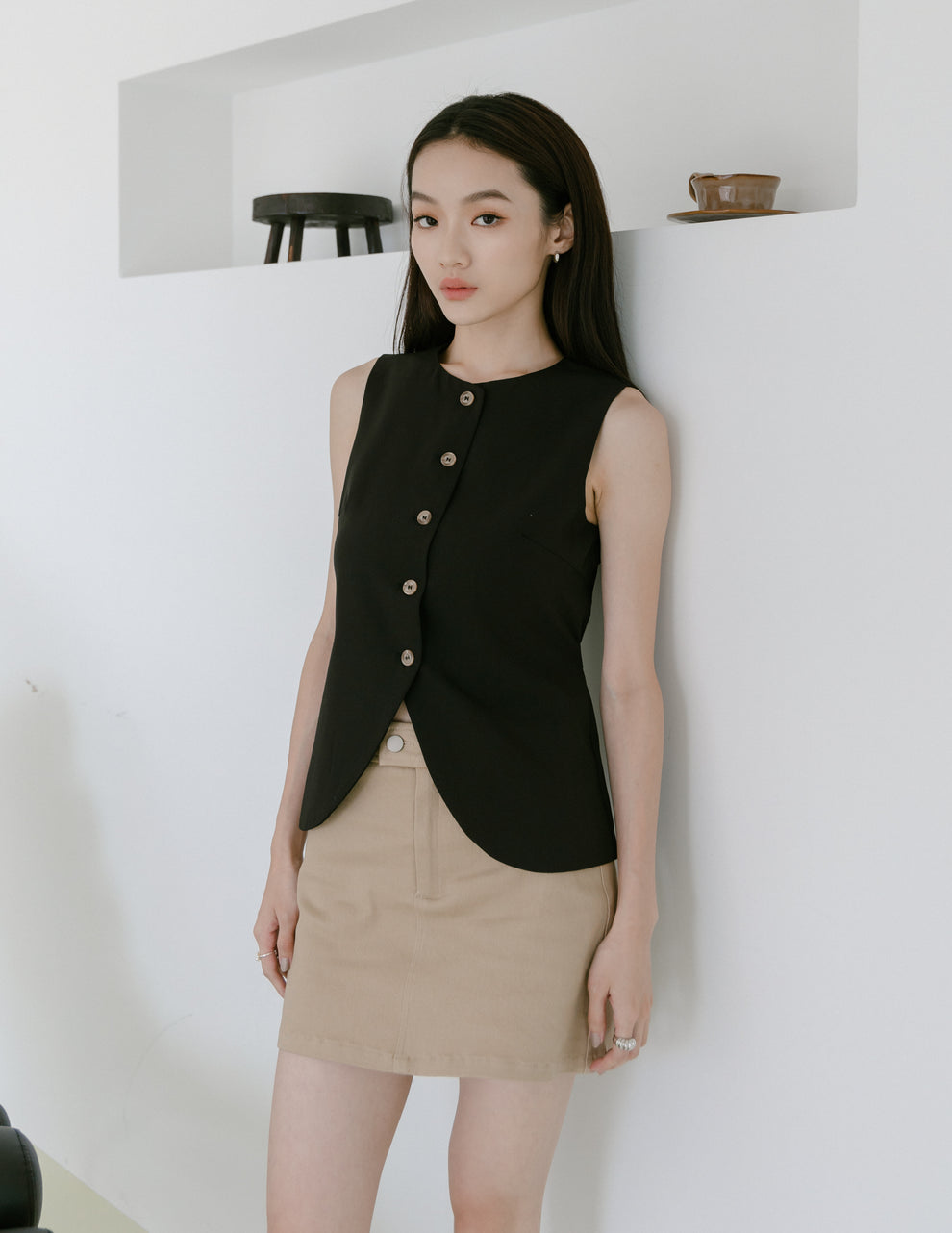 Allison Button Front Vest Top in Black